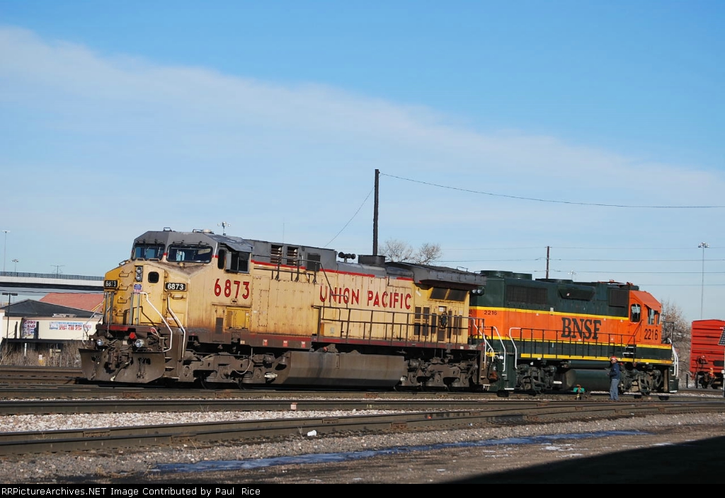 BNSF 2216 Spots UP 6873 On A Side Track